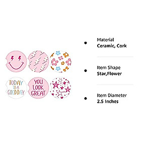 Dingion 6 Pcs Preppy Car Coasters with Finger Notch Aesthetic Cork Base Absorbent Ceramic Coasters Cute Car Drinks Coasters with Anti Slip Cork Base for Auto Accessories