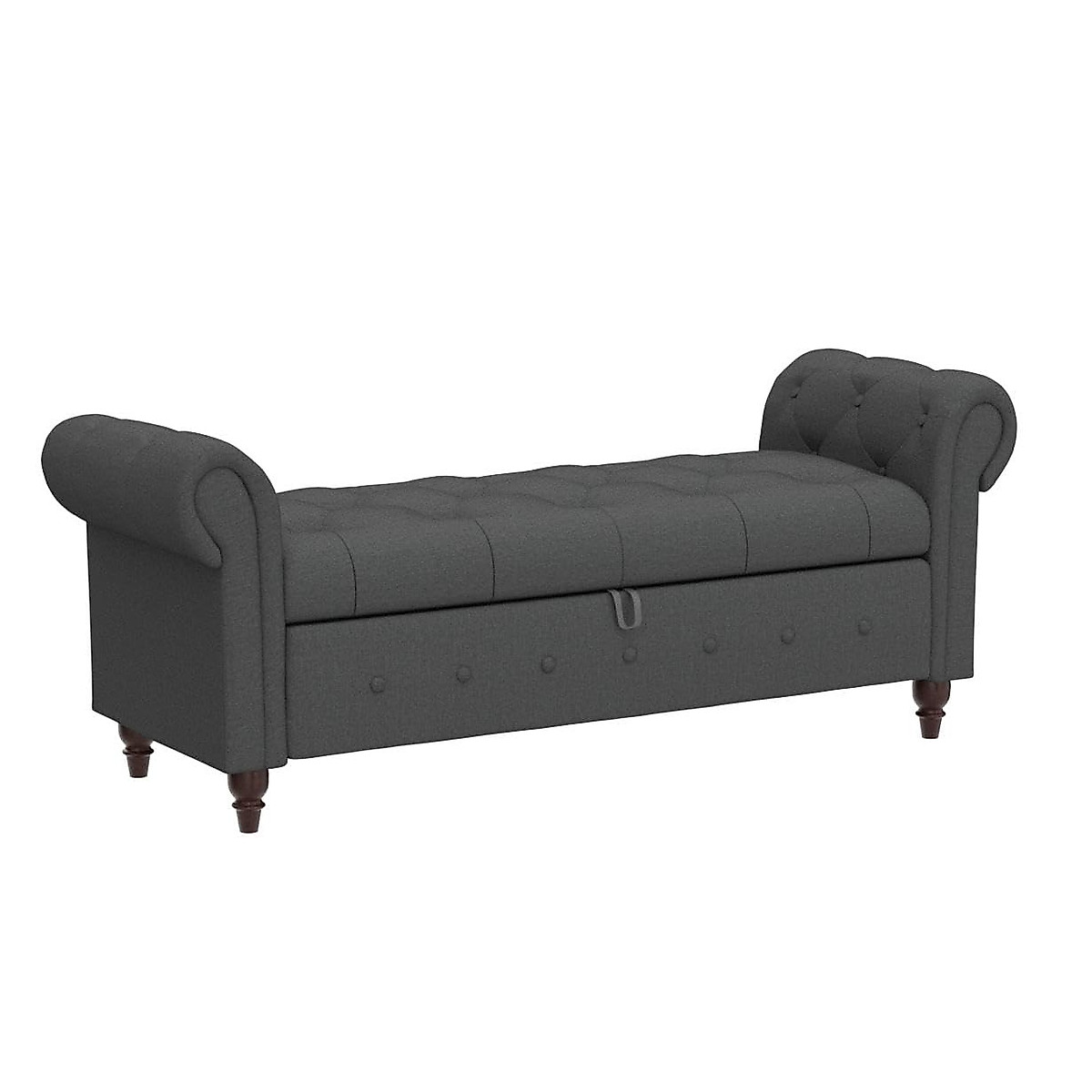HANLIVES 63" End of Bed Bench,Button Tufted Storage Bench for Bedroom,Rolled Armed Linen Fabric Upholstered Window Bench Seat,Ottoman Bench with Solid Wood Legs for Entryway Living Room(Dark Grey)