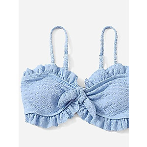 COZYEASE Girls' 3 Pcs Set Tie Front Ruffle Trim Bikini Swimsuit with Beach Skirt Cute Frill Wrap Swimsuit Light Blue 11-12Y