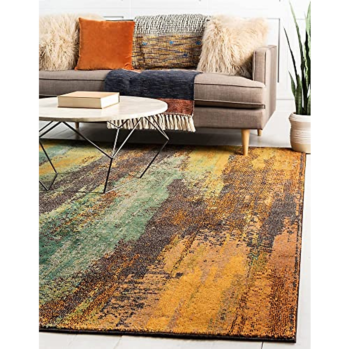 Unique Loom Jardin Collection Colorful, Vibrant, Abstract Watercolor Area Rug, Square 8' 0" x 8' 0", Multi/Beige