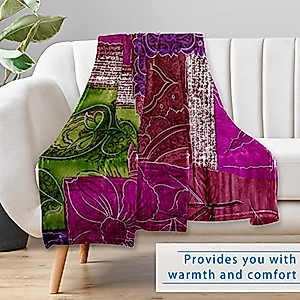 Plush Blanket Throw Blanket Warm Cozy Soft Microfiber Blankets, Patchwork Ethnic Purple Green Tribal