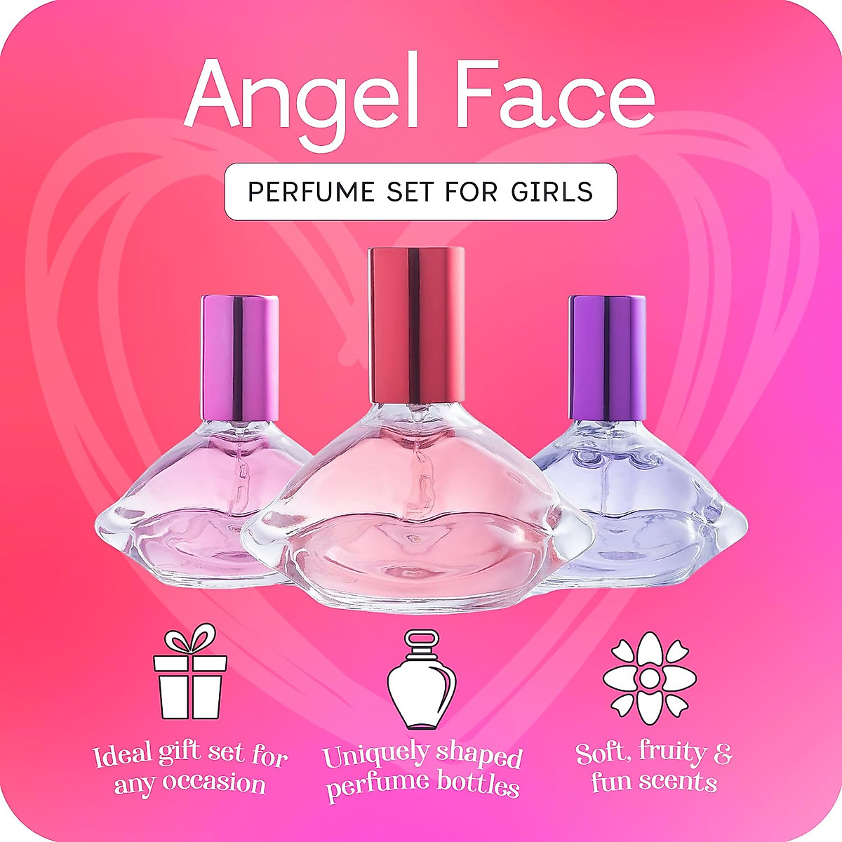 SCENTED THINGS Angel Face Perfume Set for Teen Girls, Body Spray Perfume for Kids, Girls 10-12 & Teenage, Fashion Collection Girl Gift Set, 3 Kissing Lips-Shaped Perfumes