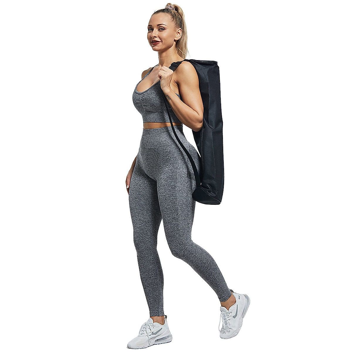 CHRLEISURE 3 Piece Workout Leggings Sets for Women, Gym Scrunch Butt Butt Lifting Seamless Leggings (Dark Gray, L)
