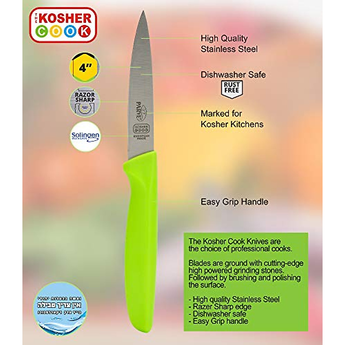 The Kosher Cook Parve Green Kitchen Knife - 4” Steak and Vegetable Knife - Razor Sharp Pointed Tip, Straight Edge - Color Coded Kitchen Tools