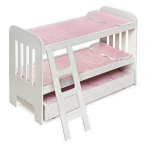Badger Basket Toy Doll Bunk Bed with Trundle, Ladder, and Personalization Kit for 22 inch Dolls - White/Pink