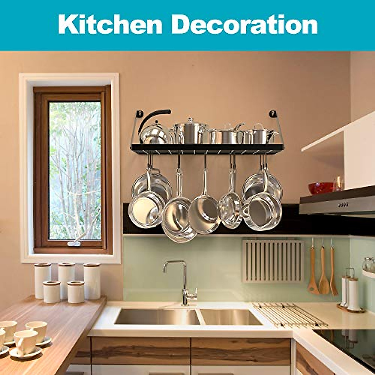 Vdomus Hanging Pot Rack, Wall Mounted Pots and Pans Holder 29.3 by 13 Inch | Kitchen Cookware Organizer for Pots and Pans Storage 15 Hooks, Ideal for Pans, Utensils, Cookware in Square Grid | Black