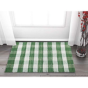 GLAMBURG Cotton Buffalo Check Plaid Rugs Washable, Handwoven Checkered Rug Welcome Door Mat 22x34 Rug for Kitchen Bathroom Outdoor Porch Laundry Living Room, Farmhouse Reversible Rag Rug Green White
