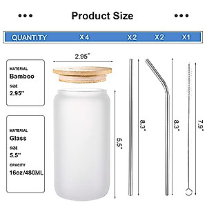 JMScape Sublimation Glass Blanks with Bamboo Lid 4pcs Set, 16oz Frosted Glass Cups with Lids and Straws, Sublimation Beer Can Glass Tumblers, Sublimation Cups for Iced Coffee Soda Drinks Beer