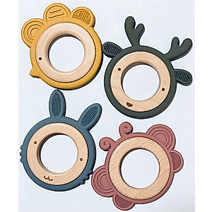 LogiBear Animal Baby Teether Ring for 6+ Months, Non-Toxic BPA Free Food Grade Silicone and Beech Wood, Baby Tested for Easy Grip and Soothing Teething Pain (Butterfly, Pink)