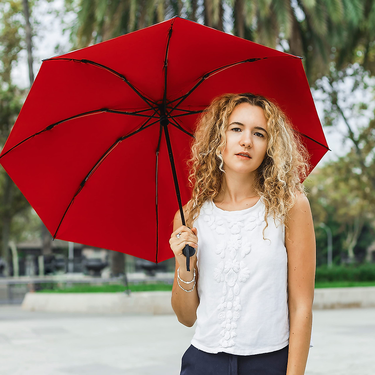 The Color Flip 46" Windproof Compact Inverted Umbrella Automatic Open Close Inside Out Mini Lightweight Reverse Umbrella for Rain & Sun, Strong Fiberglass Folding Umbrella For Men and Women, Red/Black