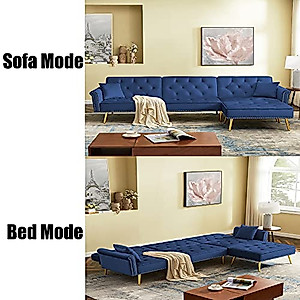 Lin-Utrend U Shape Sectional Sofa, 110” Modern Chenille Fabric Modular Couch,Extra Wide Sofa with Reversible Chaise Lounge and Golden Legs, 4 Seat Sectional Couch for Living Room (L-Shaped Blue)
