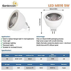 Gardencoin 5W GU5.3 MR16 LED Bulbs, 2700K Soft White, Dimmable, IP65 Waterproof Low Voltage 9-17V AC/DC Bi-Pin Base, 38° Beam Angle for Landscape, Recessed, Track Lighting, 6 Pack