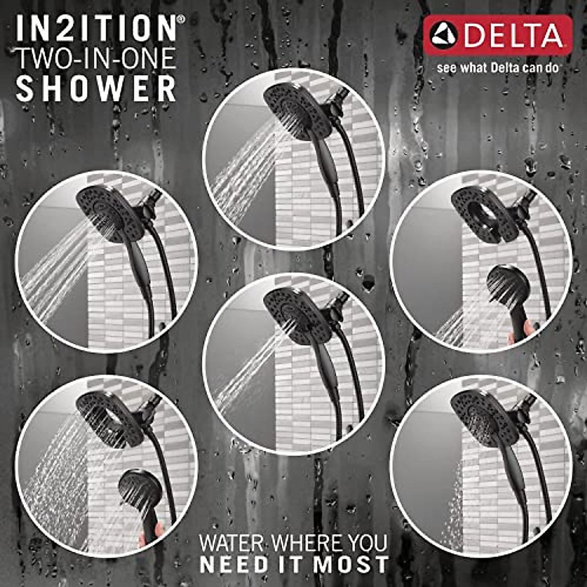 Delta Faucet Ashlyn 17 Series Dual-Handle Delta Shower Trim Kit with In2ition 2-in-1 Shower Head with Handheld Spray, Matte Black Shower Fixture, Matte Black T17264-BL-I (Valve Not Included)