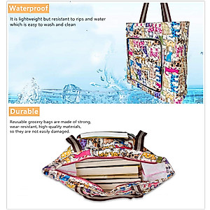 couragejoy Reusable Shopping Bags Foldable Washable Waterproof Large Grocery Bags Heavy Duty Long Handles With Zipper Attached Pouch Sturdy Daily Bags For Working Traveling(cat patern)