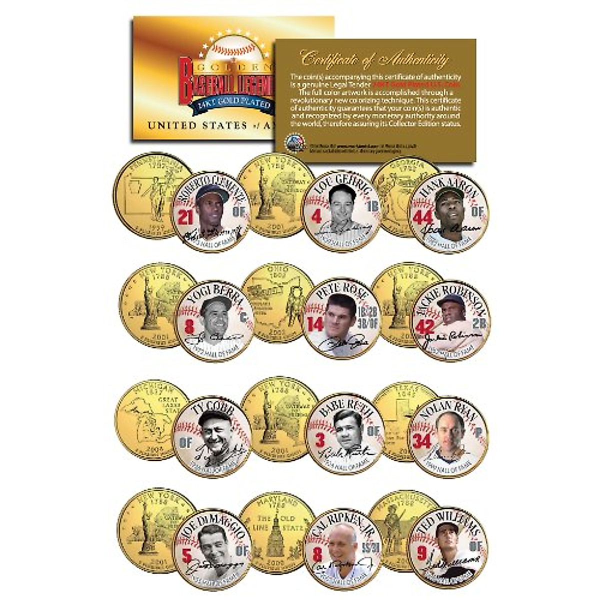 GOLDEN BASEBALL LEGENDS Hall of Fame State Quarters 12-Coin Set Gold Plated
