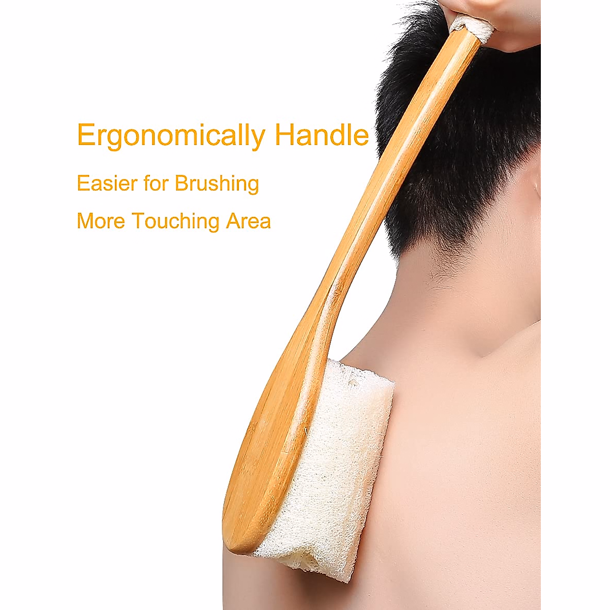 Leotruny 100% Natural Exfoliating Loofah with Long Wooden Handle Shower Back Brush (Off-White (1 Pack))