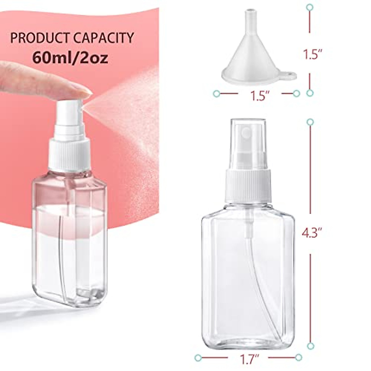 HULISEN 24 Pcs Spray Bottles 2oz / 60ml Small Empty Plastic Travel Bottle Set, Fine Mist Spray Bottle for Baby Shower, Refillable Liquid Containers with 1 funnel, Leak-proof Cap Lid