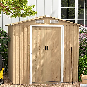 IRONMAX Outdoor Storage Shed, 6x4 FT Galvanized Steel Large Garden Shed w/Lockable Sliding Doors & Air Vent, Wood Grain Style Heavy Duty Waterproof Tool Storage House for Backyard Patio Lawn