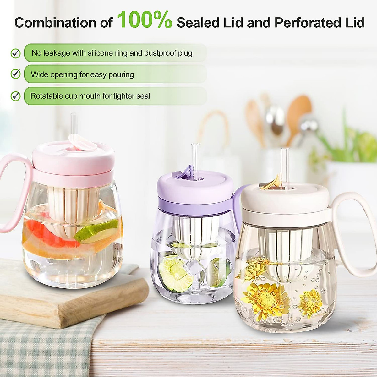 BYMIOYA 30 oz Glass Tumbler - Festive Gift for Christmas & Valentine's Day - Reusable Boba Cup with Tea Infuser, Lid, Straw, Handle. Ideal for Smoothies, Leak-Proof Mason Jar with Food-Grade Silicone