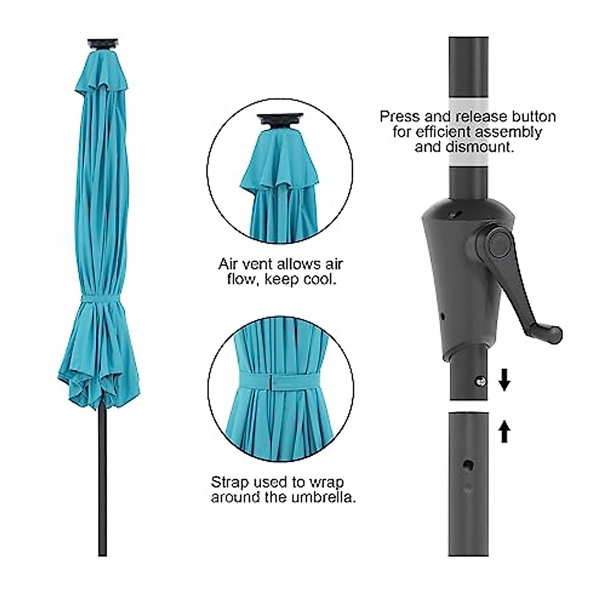 COBANA 9’ Solar Patio Umbrella with 40 LED Lights, Outdoor Table Market Umbrella with Tilt and Crank for Garden, Lawn, Deck, Backyard and Pool, Blue