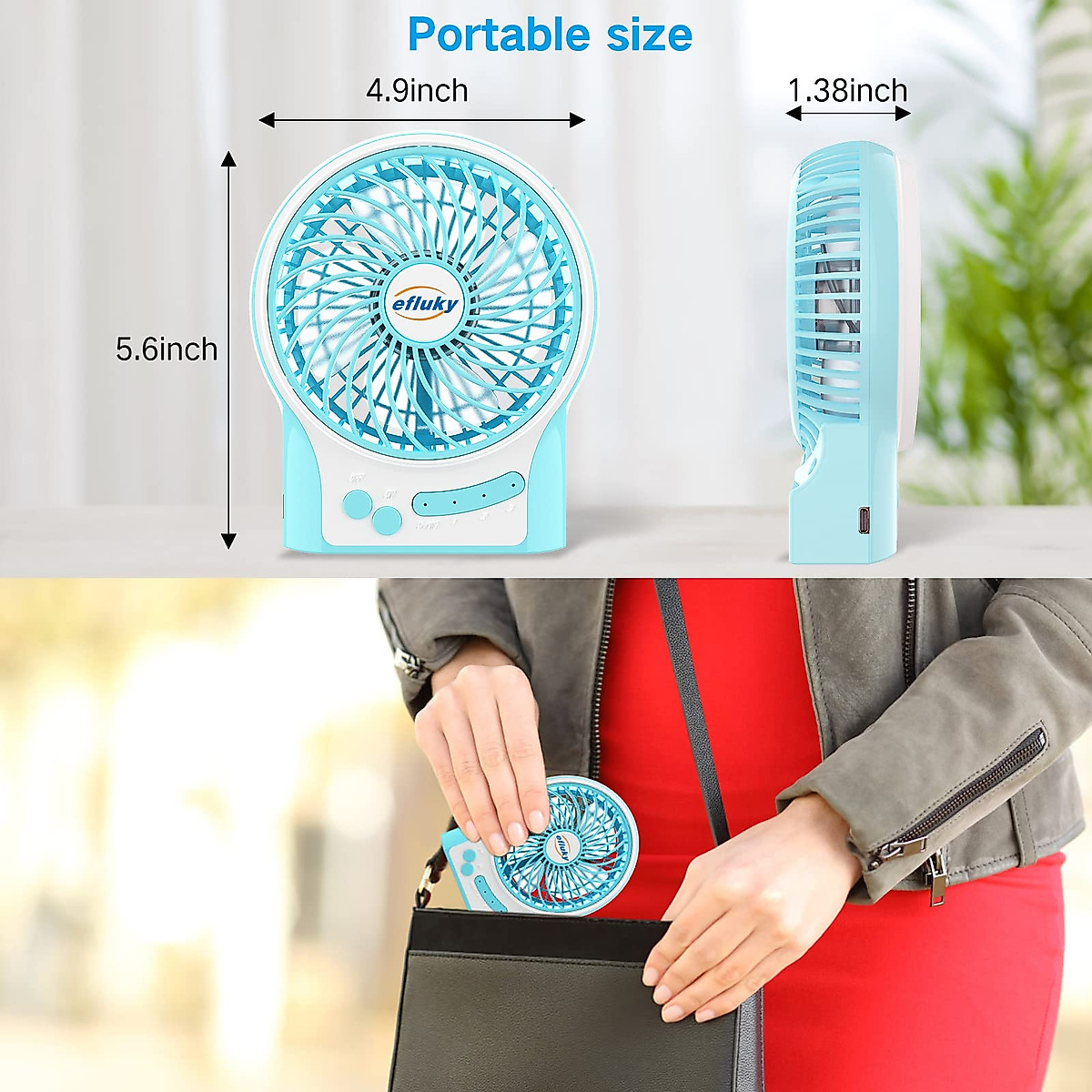 Efluky 3 Speed Mini USB Fan, Rechargeable Battery Fan with LED Light and 2200mAh Battery, Portable fan quiet for Office, Travel, Camping Fan, 4.5-Inch, Blue