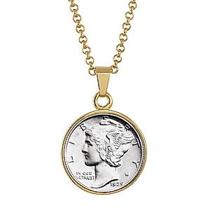 American Coin Treasures Silver Mercury Dime Goldtone Coin Pendant with 18" Chain Necklace - Authentic and Elegant Keepsake Jewelry for Women | White Luxury Gift Box Included