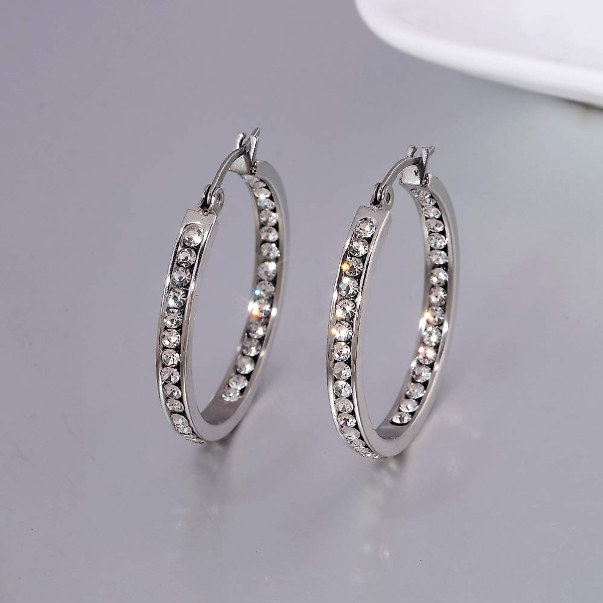 CiNily Silver Plated Stainless Steel Hoop Earrings Cubic Zirconia Earrings for Women Sensitive Ears 30 mm