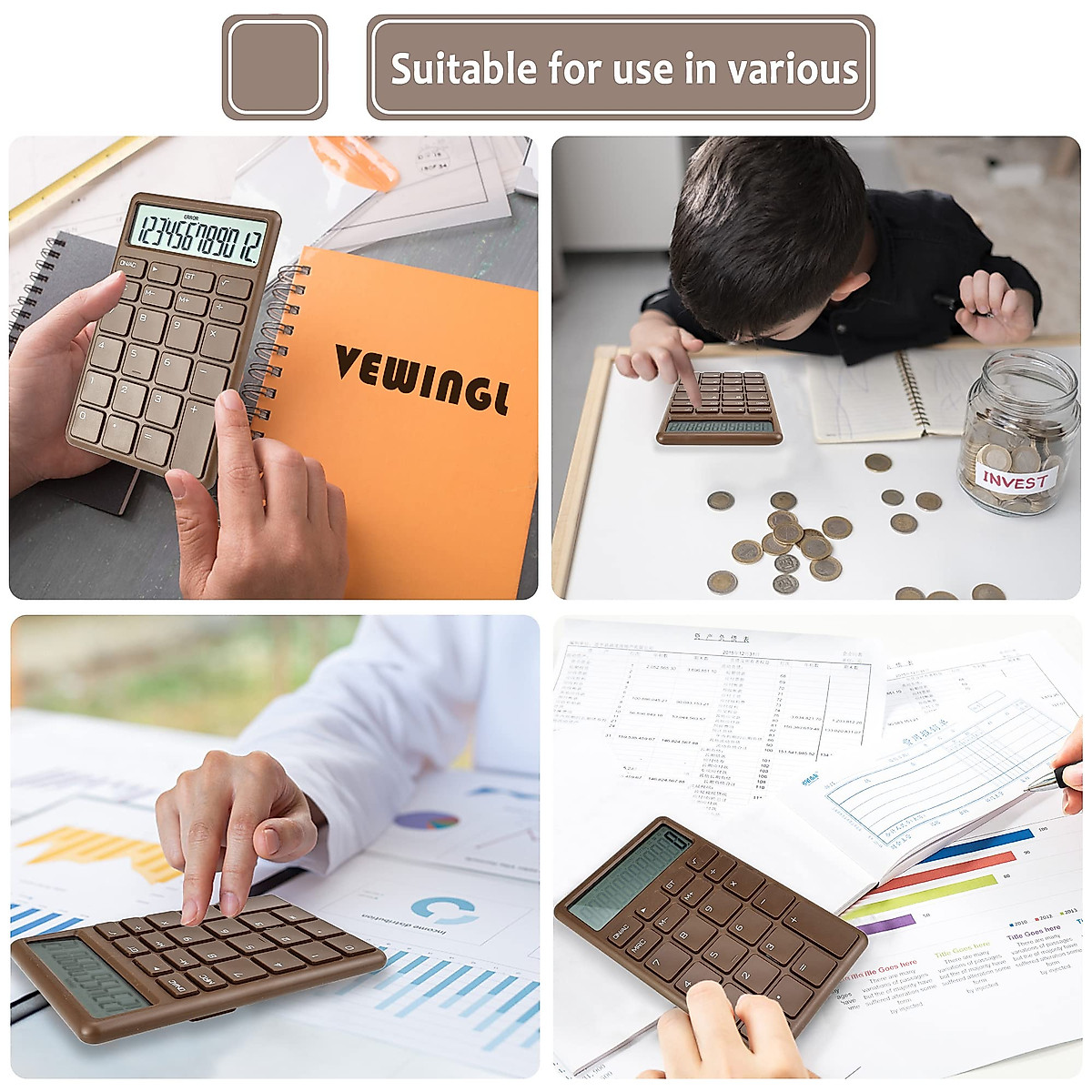 VEWINGL 12 Digit Calculator,Hold with one Hand,4 Function Calculator with Large LCD Display for Office,School,Home & Business Use,Automatic Sleep,5.4 * 3.3in