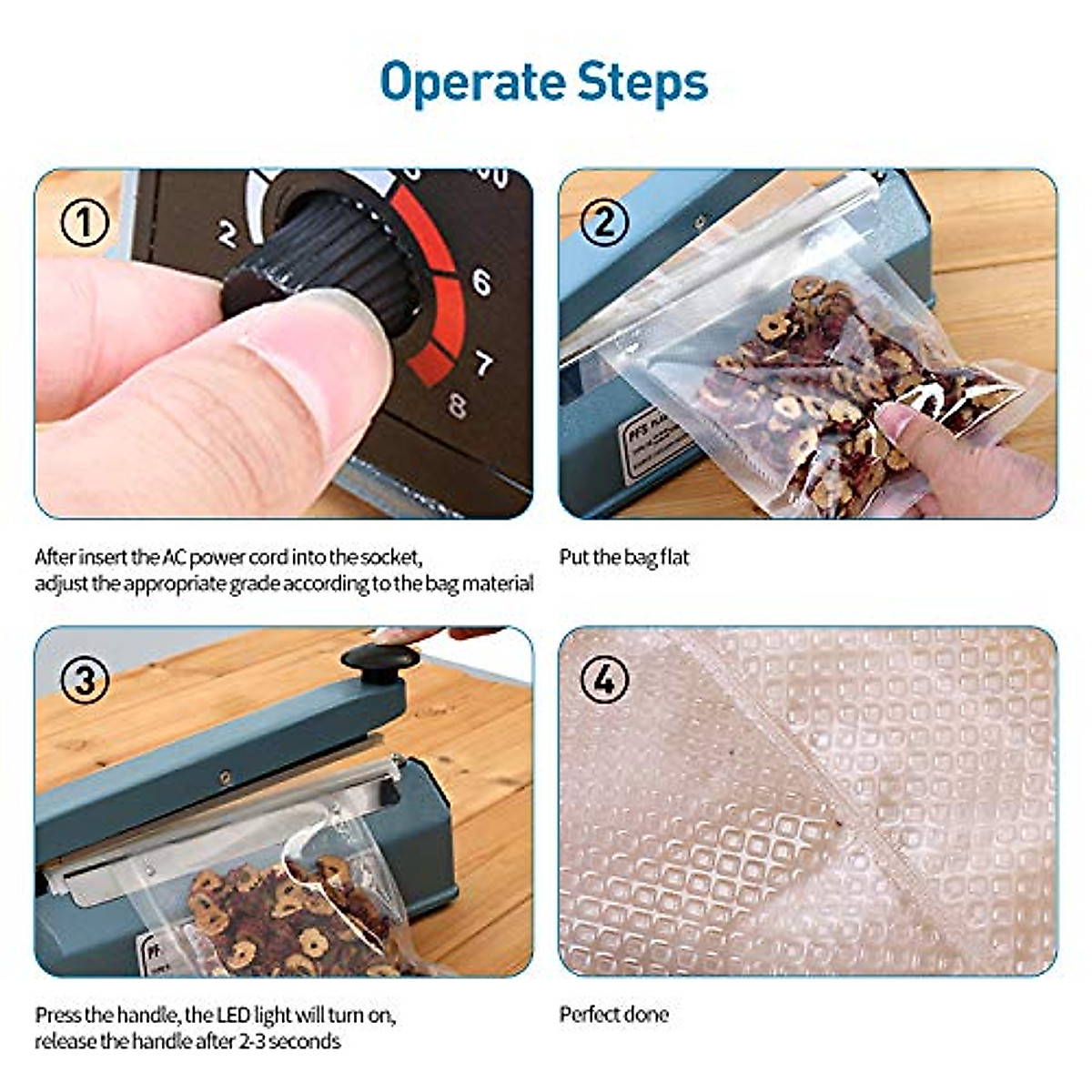 8 inch 200mm Impulse Bag Sealer, Manual Bag Sealer Heat Seal Closer, Adjustable Timer Electric Heat Seal Closer Packaging Sealer with 2 Free Replacement Kit, Blue