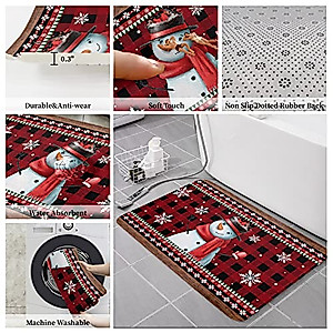 Kitchen Mat Rug Set of 2 Christmas Snowman Snowflake on Red and Black Buffalo Check Runner Rug Anti-Fatigue Comfort Memory Foam Standing Mat Non-Slip Floor Door Mat for Bedroom 18x30in+18x60in