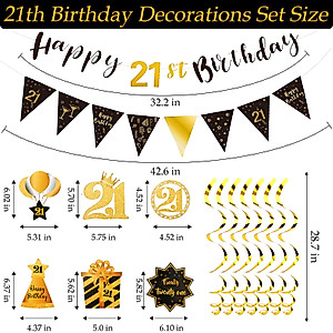 FASOTY 21st Birthday Decorations Black Gold Happy 21st Birthday Decorations For Him Pre-assembled 21st birthday banner Triangle Flag Banner and Glitter 21 Hanging Swirls 21st Birthday Party Decorations Set Birthday Party Decorations Supplies