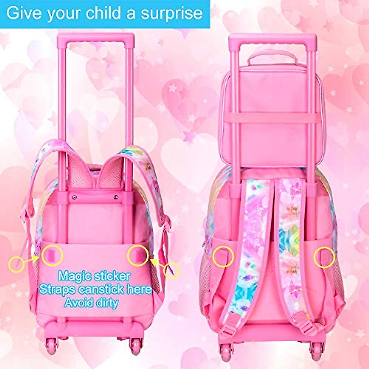 CCJPX 4PCS Kids Rolling Backpack for Girls, Unicorn Sequin Roller Wheeled Bookbag Toddler Elementary School Bag with Wheels One Size