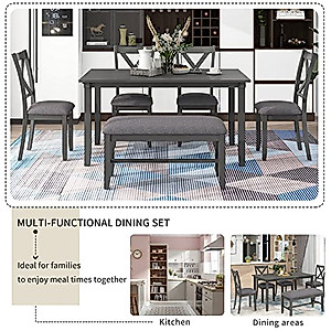 Merax Six Pieces Wooden Rectangular Dining Table Set with 4 Padded Chairs and Bench, Family Furniture, Grey-6
