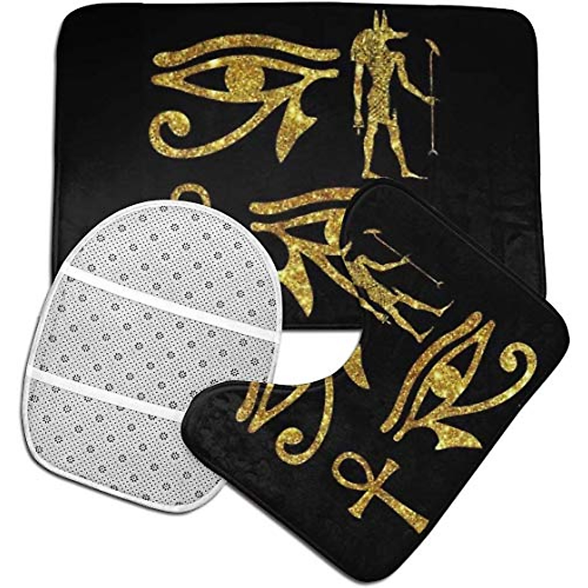 Ancient Egyptian Ankh Gold Bathroom Antiskid Pad Set 3 Piece Bath Mat,Water Absorption Contour,Toilet Lid Cover