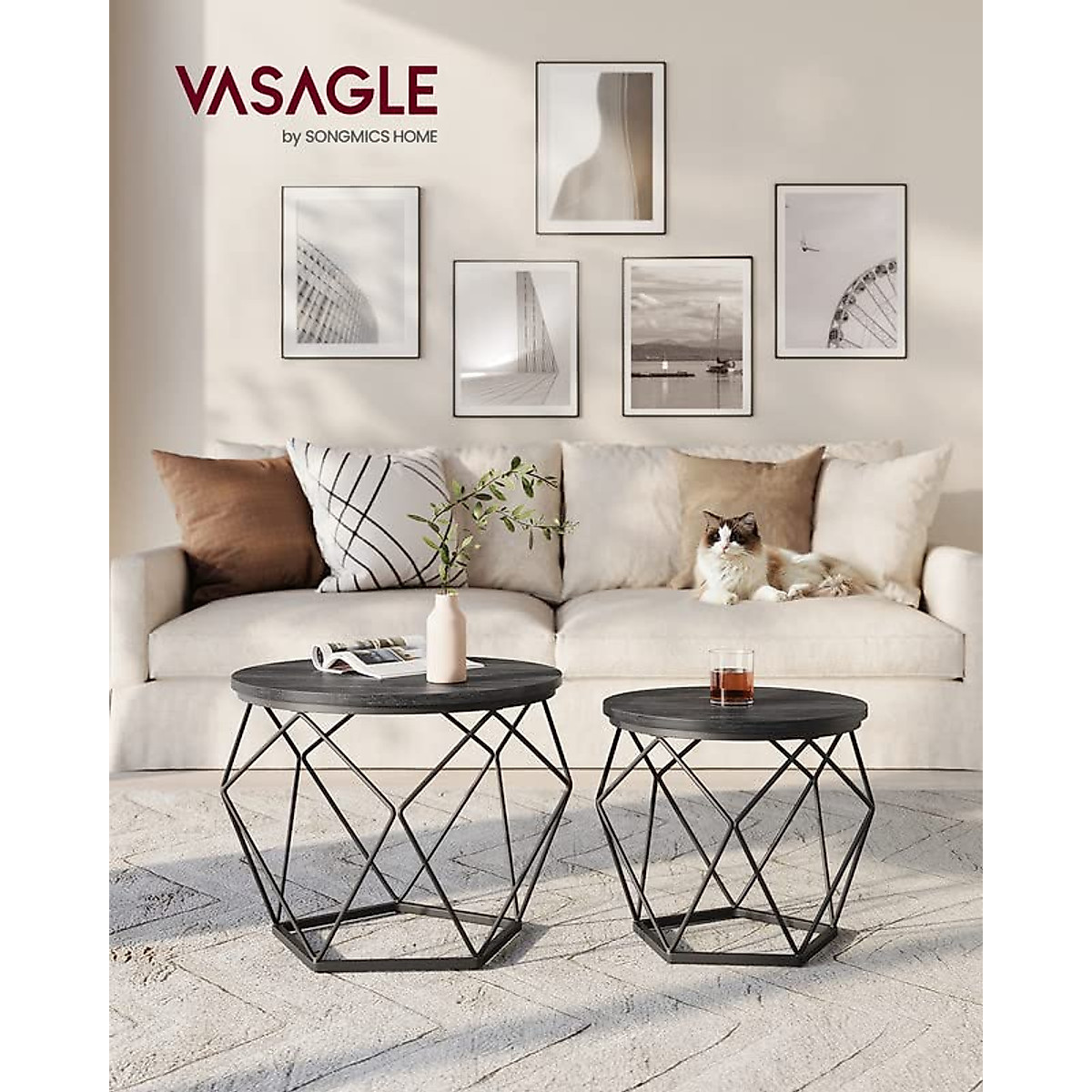 VASAGLE Small Coffee Table Set of 2, Round Coffee Table with Steel Frame, Side End Table for Living Room, Bedroom, Office, Black