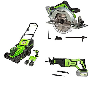 Greenworks 48V 17" Brushless Cordless Lawn Mower + 24V Brushless Drill/Driver + 7-1/4" Circular Saw + 24V Reciprocating Saw, (2) 4.0Ah USB Batteries and Dual Port Rapid Charger Included (2 x 24V)