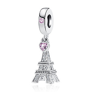 MZC Jewelry Eiffel Tower Love to Travel Charm for European Pandora Bracelets Pink Crystal Heart Dangle Bead for Women Mom Sister Family Holiday