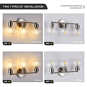 diniluse Bathroom Light Fixtures 3 Lights Vanity Light with Brushed Nickel Round Finish, Bathroom Vanity Lights with Clear Globe Glass, Wall Sconce for Mirror, Bedroom, Living Room, Kitchen