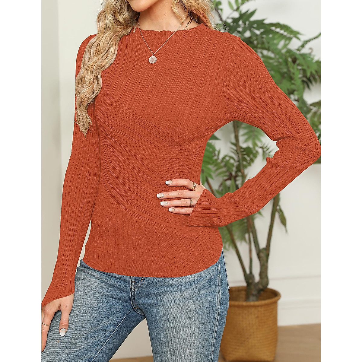 HAEOF Womens 2023 Fall Lightweight Sweaters Long Sleeve Thermal T Shirts Trendy Ribbed Fitted Dressy Casual Tops(RustRed, M)