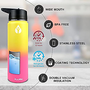 XccMe Insulated Water Bottle,22 oz Water Bottles,2Pack Stainless Steel Water Bottles,Double Wall Metal Water Bottle with Straw,Silicone Boot and Paracord Handle,Sports Water Bottle(WaveSunset)