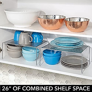 mDesign Large Raised Metal Kitchen Pantry Stacking Plate Organizer Storage Shelves, Cabinet Shelf Rack for Cupboard, Cabinet - Store Food, Dishes, Bowls, Mugs, Concerto Collection, 2 Pack, Silver