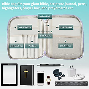 easymake Bible Covers for Women Zippered Pocket Bible Bags Carrying Case with Handles, Bible Cases Multi-Functional Organizer with Floral Pattern Purple on Cover, Gifts for Kids Girls Women