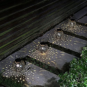 Esgarden 2 Pcs Solar Outdoor Lantern Star Moon Halloween Decorative Hanging Lanterns Light Outside Patio Table Lamp Metal Waterproof Garden Courtyard Walkway Terrace Lawn Gift Halloween Bronze