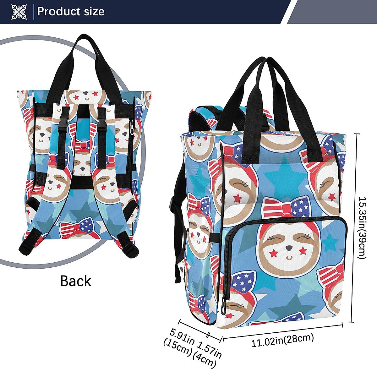 Patriotic Sloth Diaper Bag Backpack for Baby Boys Girls Multifunction Baby Essentials Travel Tote with Stroller Straps & Bottle Storage Baby Diaper Bag for Shopping Hiking Traveling Moms Dads