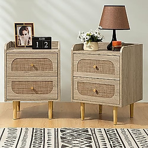 Rattan Nightstand Set of 2 with Drawers - Boho Bedside Table with Storage - Night Stand with Solid Wood Feet - Small Side Table End Table for Bedroom