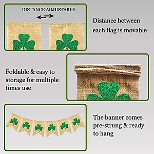 FAKTEEN St. Patrick's Day Glitter Shamrock Clover Burlap Banner - Green and Light Green Color Irish Party Supplies Home Hanging Garland Decor