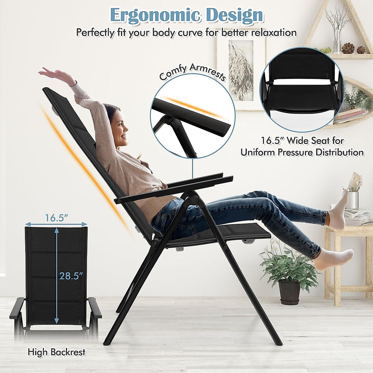 Tangkula Patio Folding Chair Set of 4, Outdoor Dining Chairs with Soft Padded Seat, 7-Position Adjustable Backrest, Armrests, Portable Sling Reclining Chairs for Porch Pool Backyard Camping (4, Black)