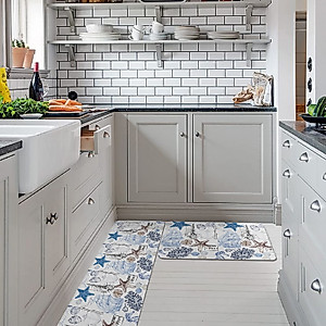 Debedcor Ocean Theme Beach Kitchen Rugs and Mats Set of 2, Coastal Starfish Non-Skid Bathroom Rugs, Nautical Seashell Rug Kitchen Runner Floor Mat for Sink/Laundry Room/Office, 15.7"x23.6"+15.7"x47.2"