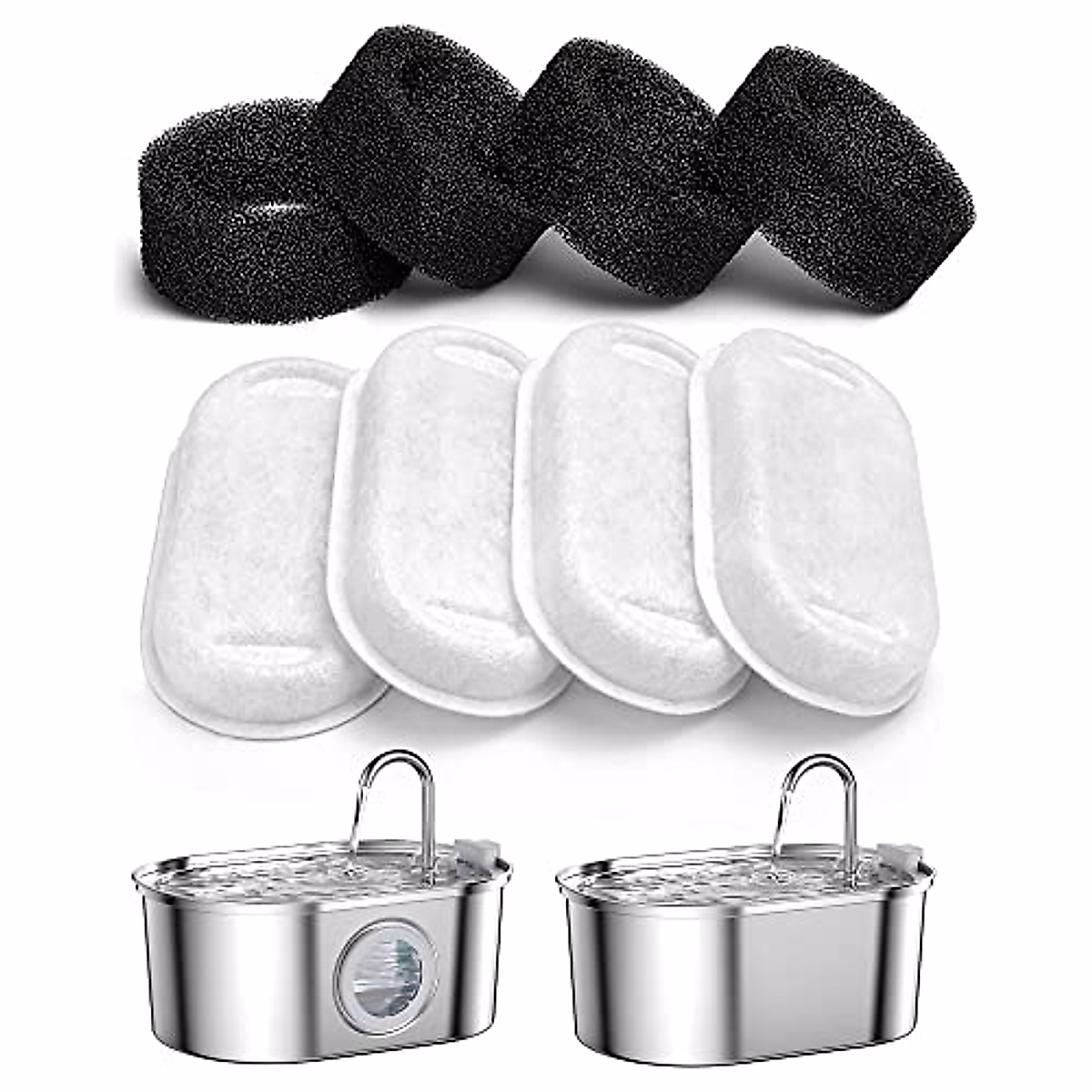 SOOFPET Cat water fountain filter, 8-pack of filters(Carbon Filters + Foam Filters), Replacement Filters for 108oz/3.2L Stainless Steel Cat Water Fountain