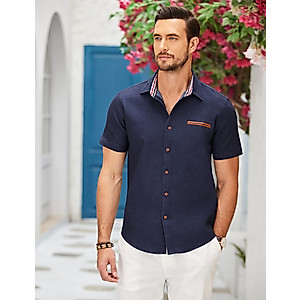 COOFANDY Mens Slim Fit Short Sleeve Button Down Shirts Summer Denim Shirt, Navy Blue, X-Large